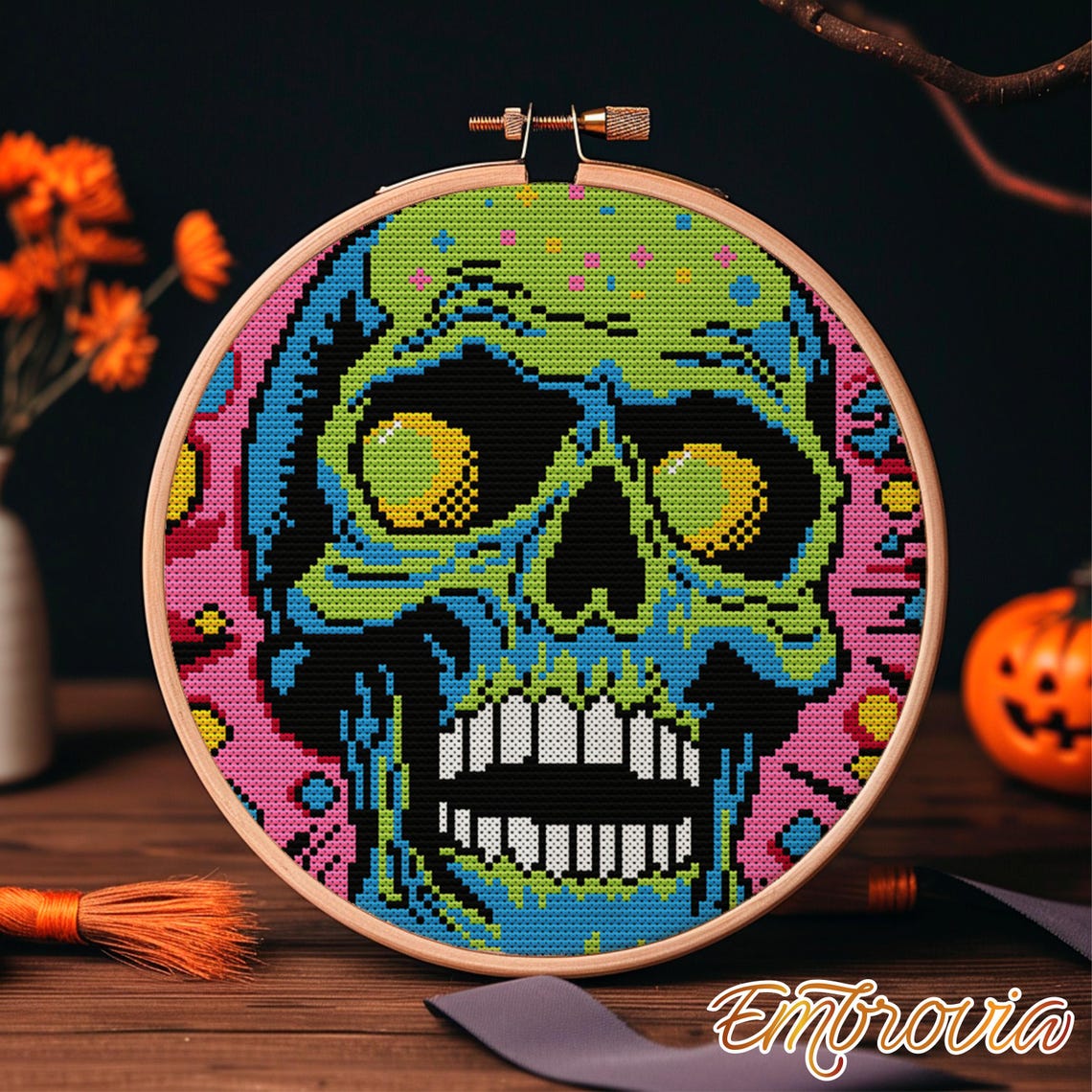 Psychedelic Skull Cross Stitch – Neon Horror Pattern PDF, Colorful ...
