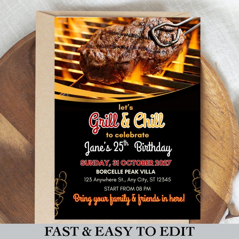 Editable BBQ Birthday Invitation Template, Grill Party (digital ...