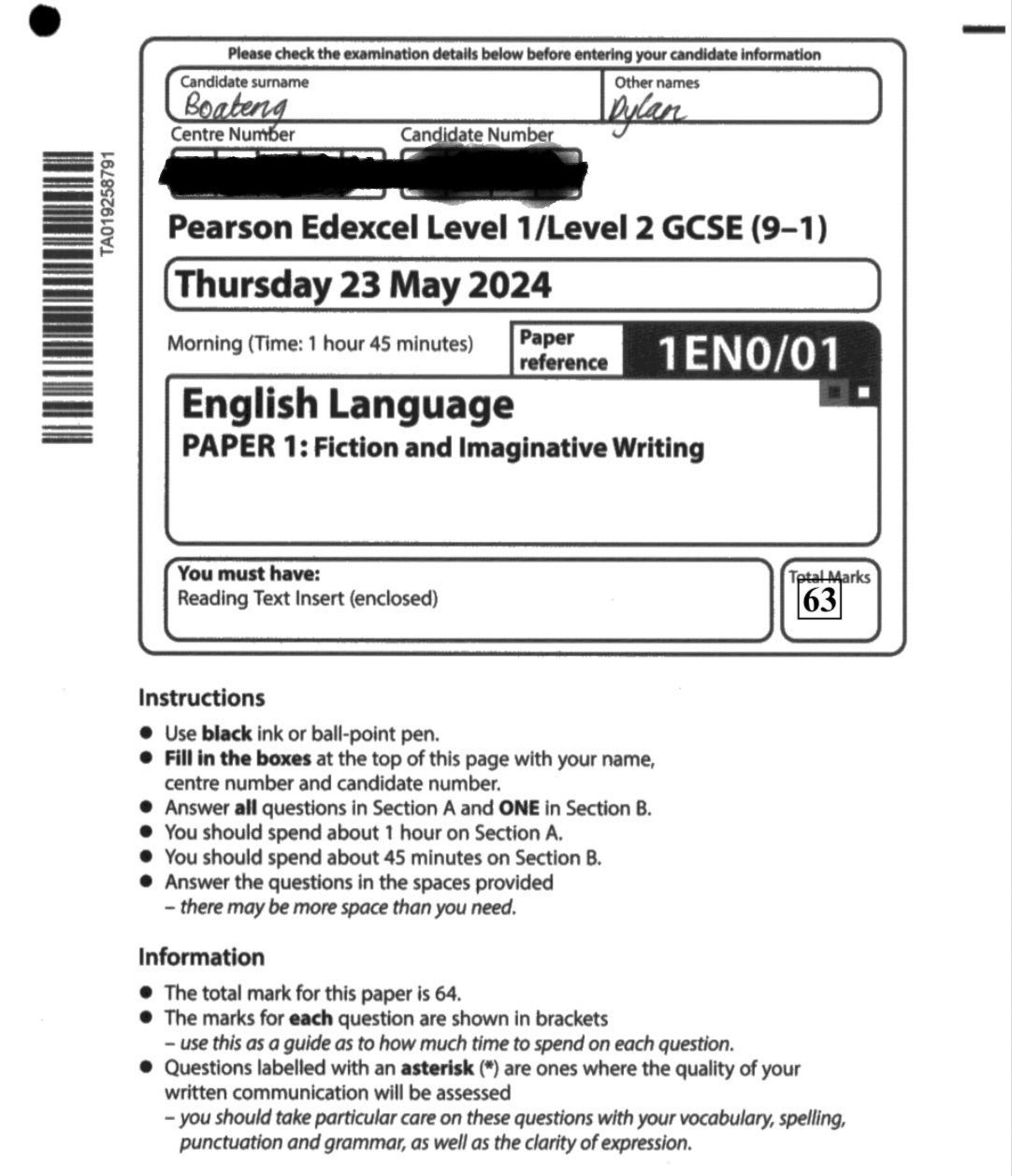 Real GCSE English Language Script 40/40 - Etsy UK