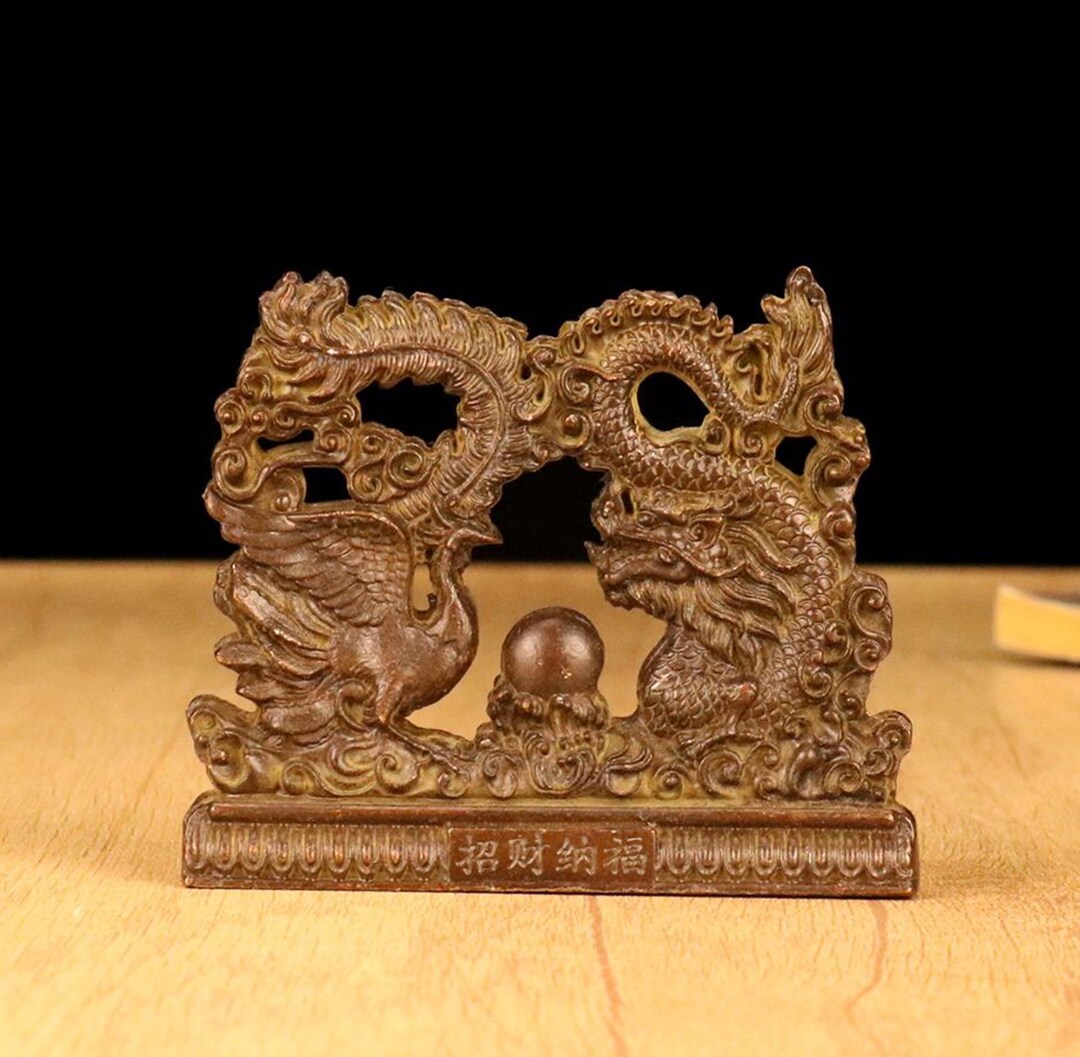 Vintage Bronze Carved Dragon Phoenix Statue, Fengshui Statue - Etsy