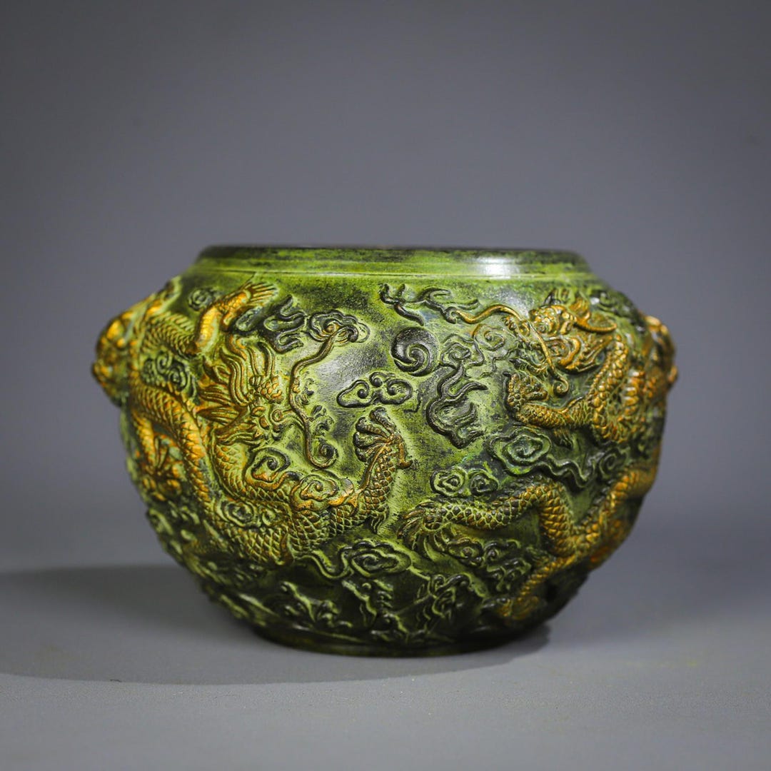 Vintage Brass Carved Nine Dragon Jar/ Incense Holder, Fengshui Statue ...