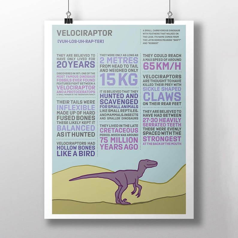 Velociraptor Dinosaur Infographic Poster: Educational Wall Art (digital ...