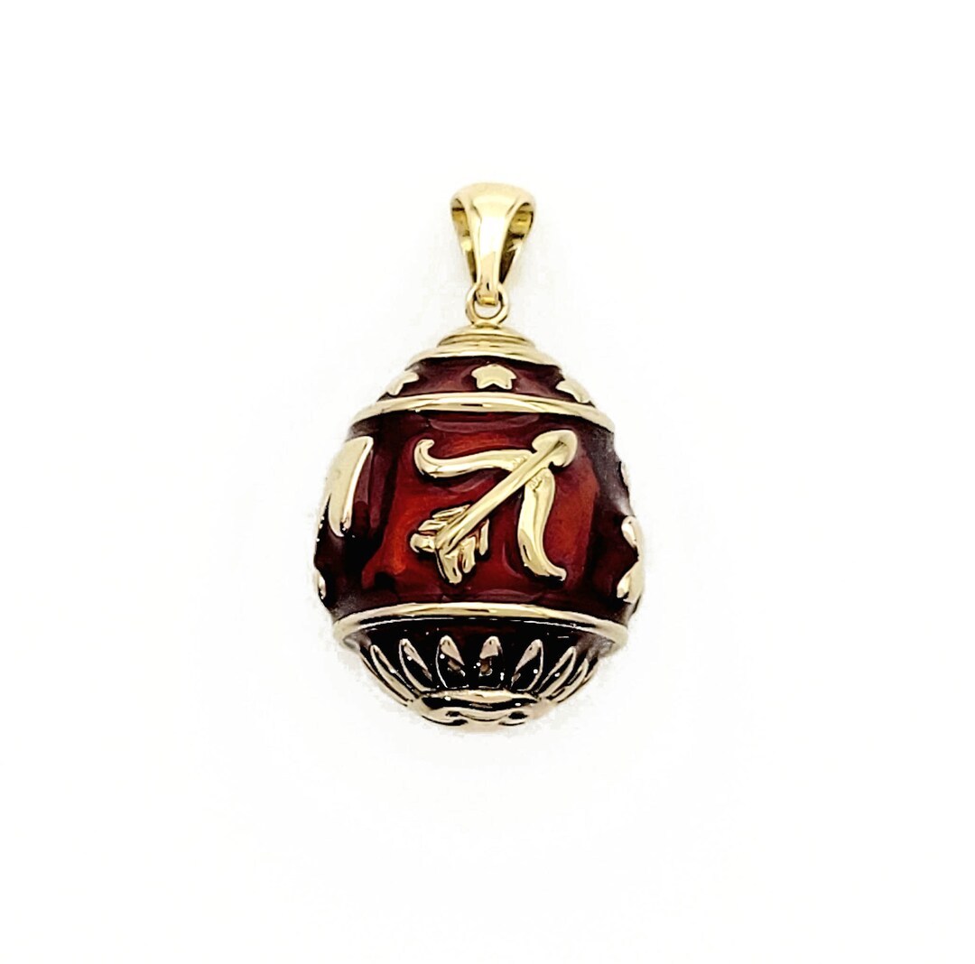 Red Enamel Egg Shaped Pendant With Stars Arrows Sun 14K Yellow Gold ...