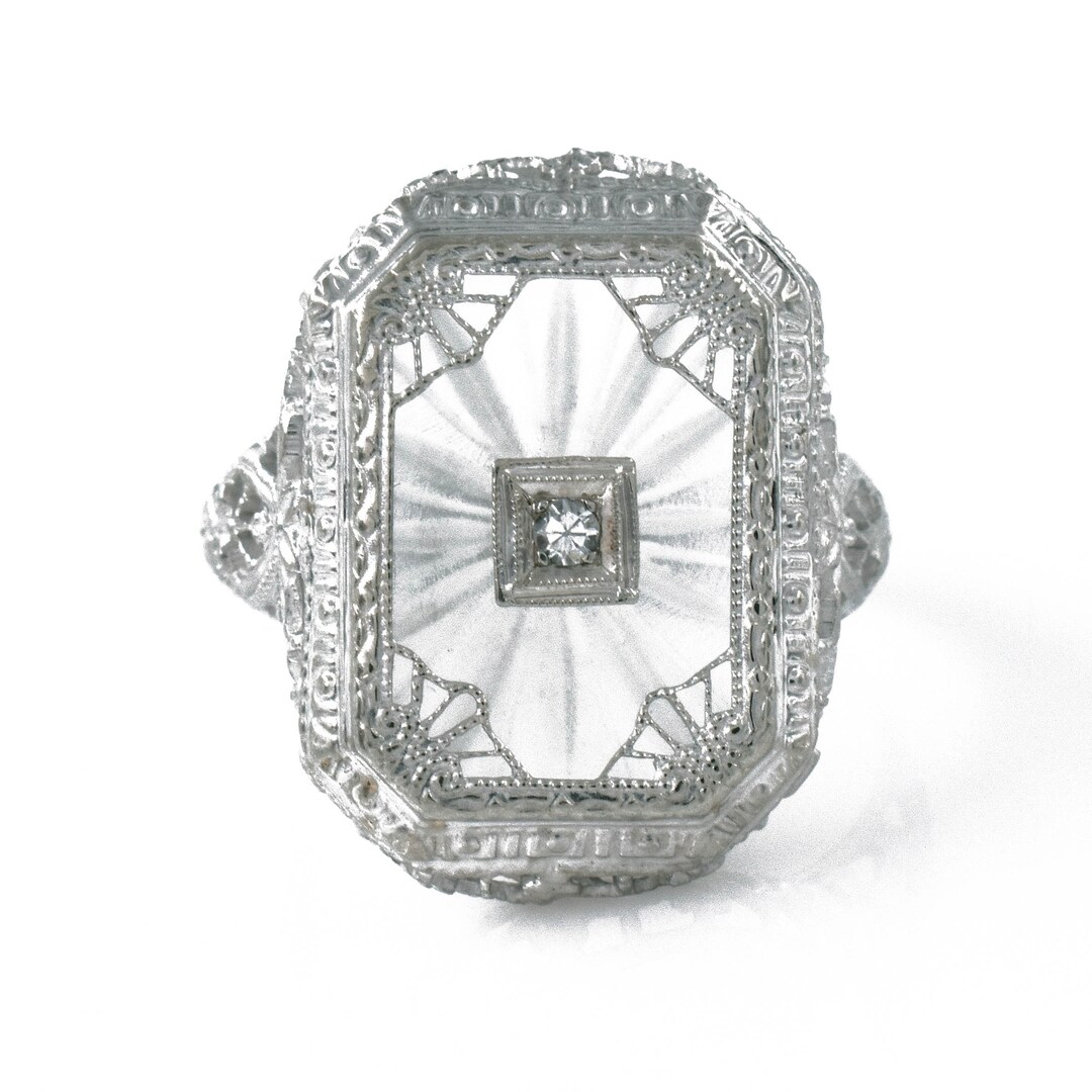 Filigree Camphor Glass Diamond Ring, 10k White Gold, Vintage, Estate ...