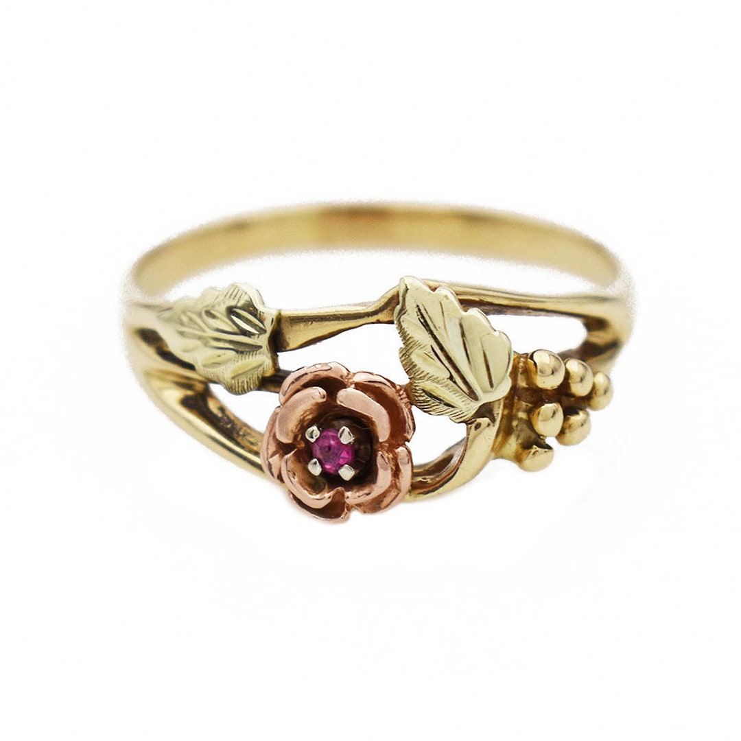 Tri-color Gold Ruby Rose Ring, 10k, Vintage, Estate, Flower, Leaves ...