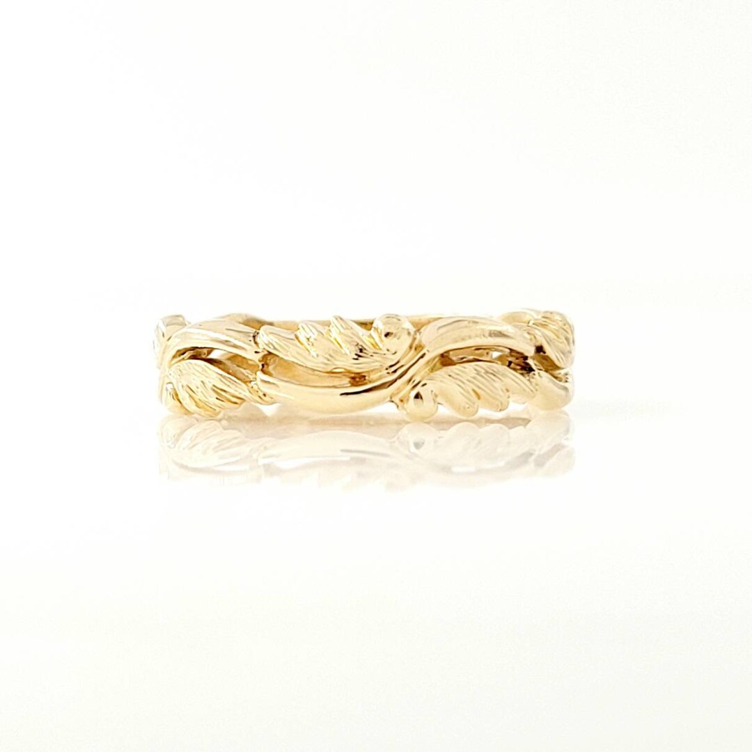 Carved Leaves Band Ring 14k Yellow Gold, Pierced, Wedding, Bridal ...