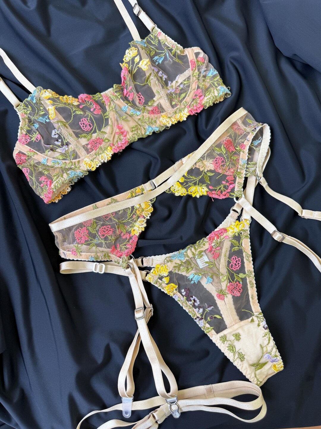 Floral Embroidery Lingerie Set, Dark or Beige Mesh, Adjustable Straps ...