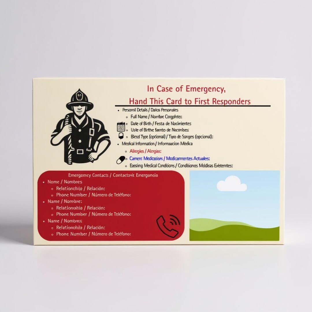 Custom Bilingual Emergency Contact Card: Laminated Glovebox Medical ...