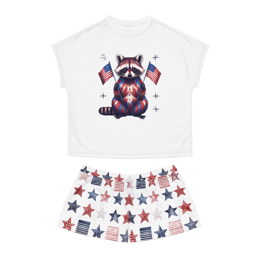 Patriotic Raccoon Pajama Set, American Flag Sleepwear, Women's PJ Set ...