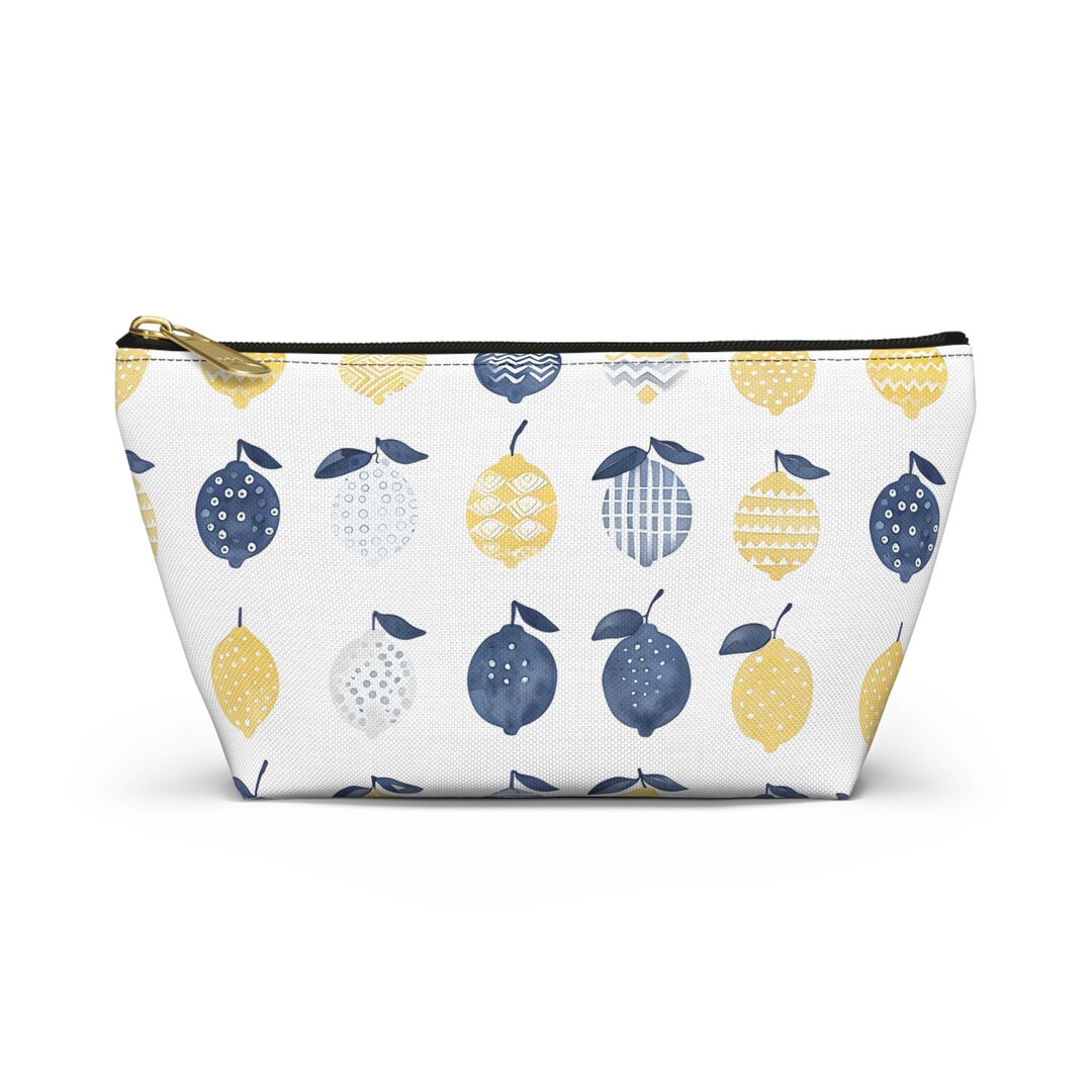 Lemons, Travel Pouch, Lemon Pattern Make up Bag, Blue Yellow Cosmetic ...