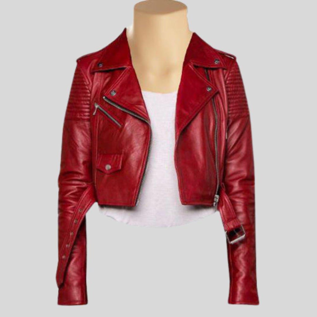 Red Cropped Leather Biker Jacket for Women – Moto Style Lambskin Jacket ...