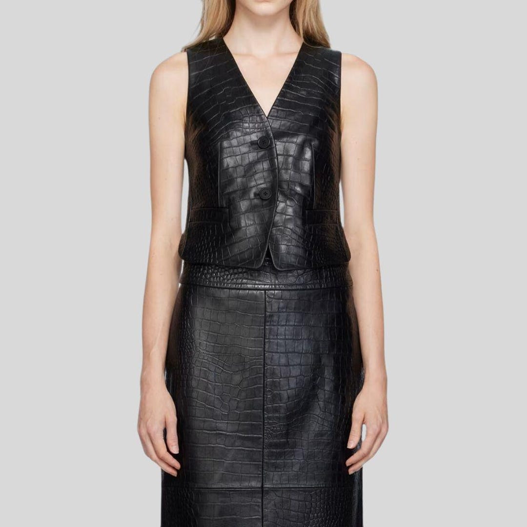 Women’s Black Croc Embossed Leather Vest – Open Back Belted Waistcoat ...