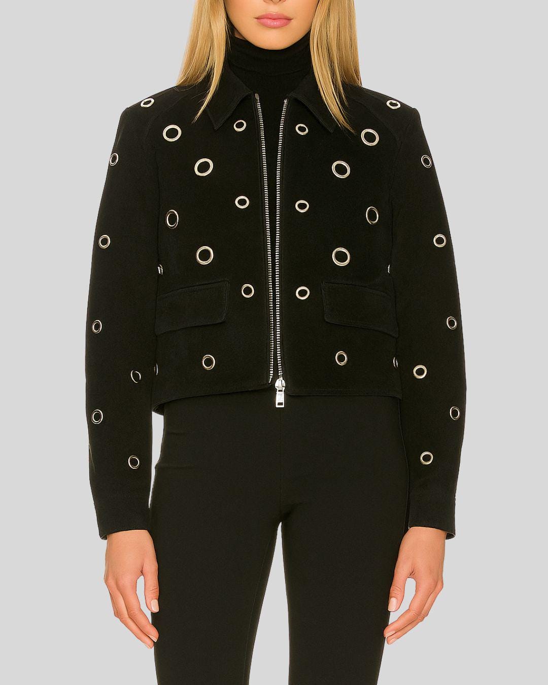 Black Grommet Suede Jacket for Women – Handmade Luxury Cropped Winter ...