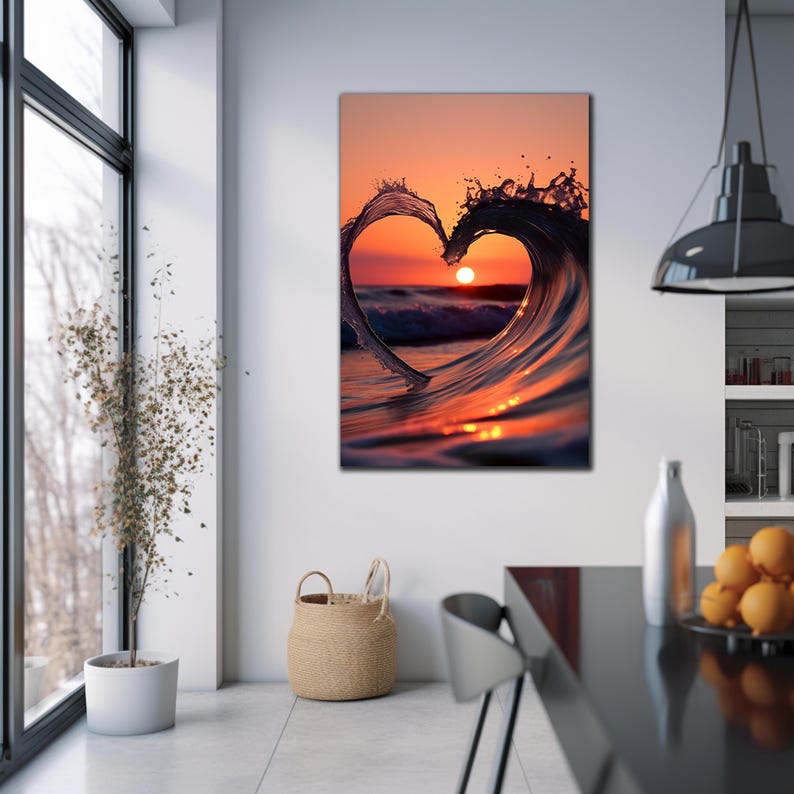 Romantic Sunset Wave Wall Art-heart Landscape Tempered Glass Art-ocean ...
