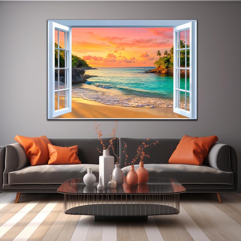 Tropical Beach Window View Wall Art, Turquoise Ocean Sunset Tempered ...