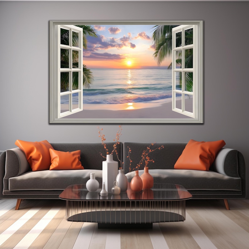 Tropical Beach Open Window Wall Art, Ocean Sunset Tempered Glass ...