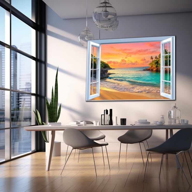 Tropical Beach Window View Wall Art, Turquoise Ocean Sunset Tempered ...