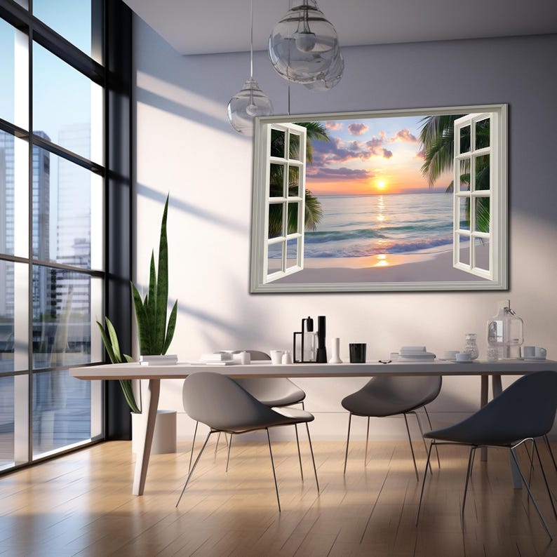 Tropical Beach Open Window Wall Art, Ocean Sunset Tempered Glass ...