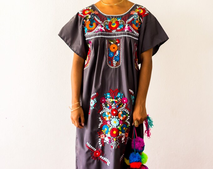 70s Vintage Oaxacan Maxi Dress, Mexican Dress With Floral Embroidery, Boho Orange Cotton Floral ...