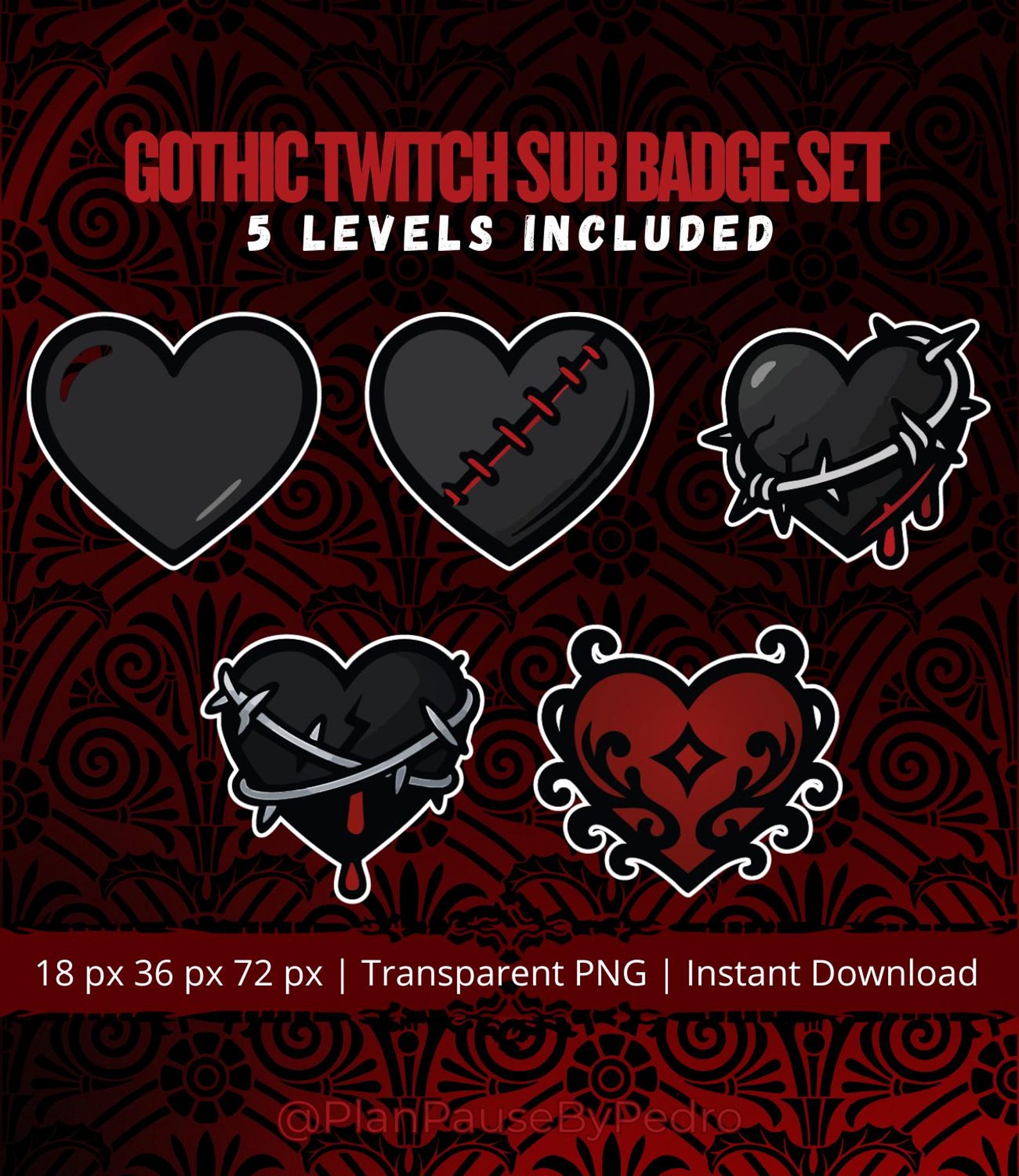 Gothic Twitch Sub Badges – 5 Level Black Heart Badge Set – Dark Twitch ...