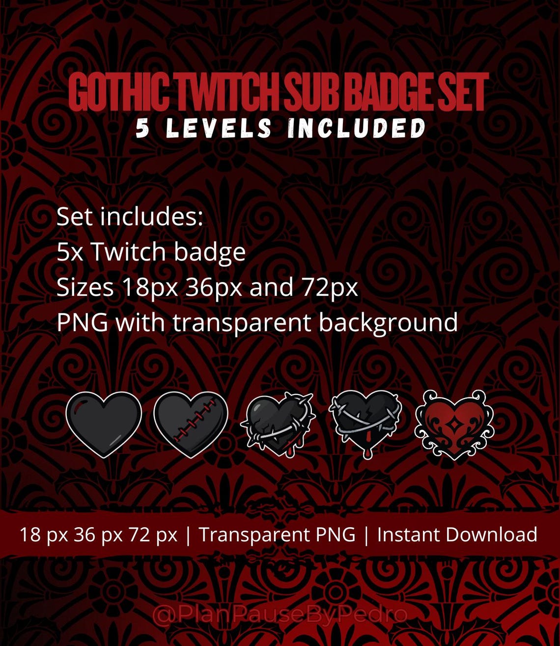 Gothic Twitch Sub Badges – 5 Level Black Heart Badge Set – Dark Twitch ...