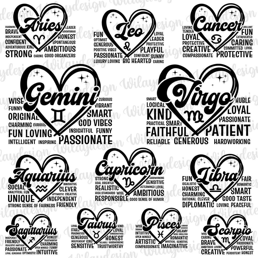 Bundle Zodiac Signs Svg Png, Zodiac Heart Svg, Horoscope Svg, Astrology ...