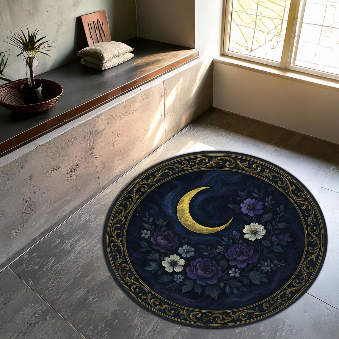 Lunar Bloom Celestial Rug – Round Moon and Flower Carpet With Gothic ...