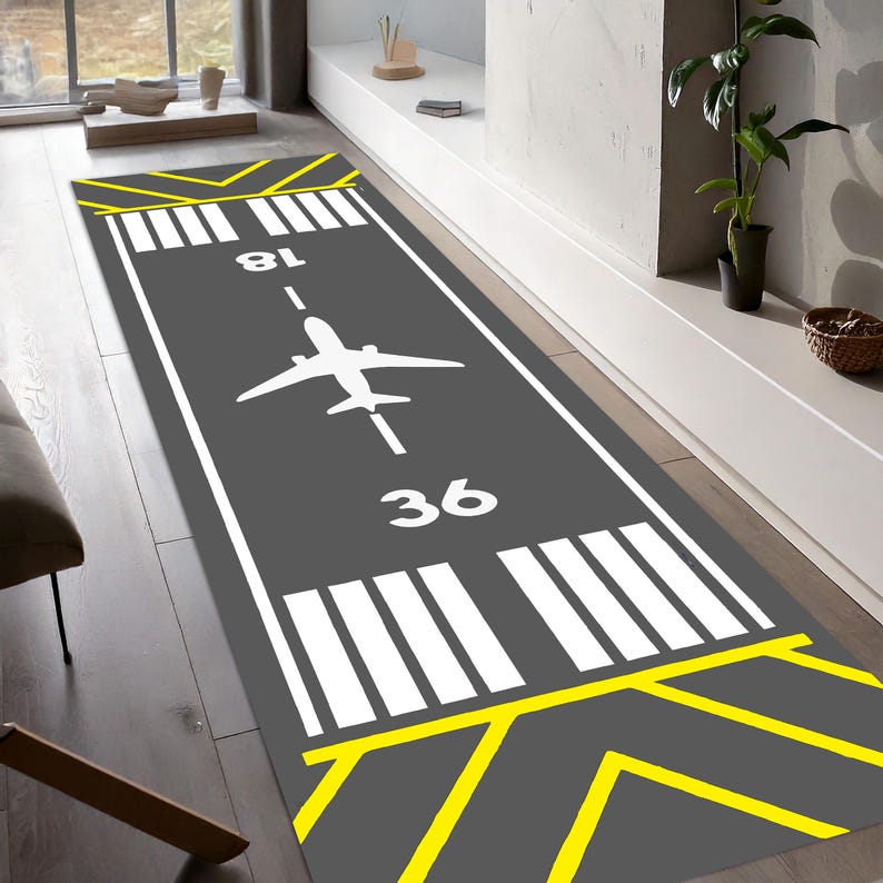 Gray Runway Airplane Rug, Pilot Themed Long Runner Carpet for Kids Room ...