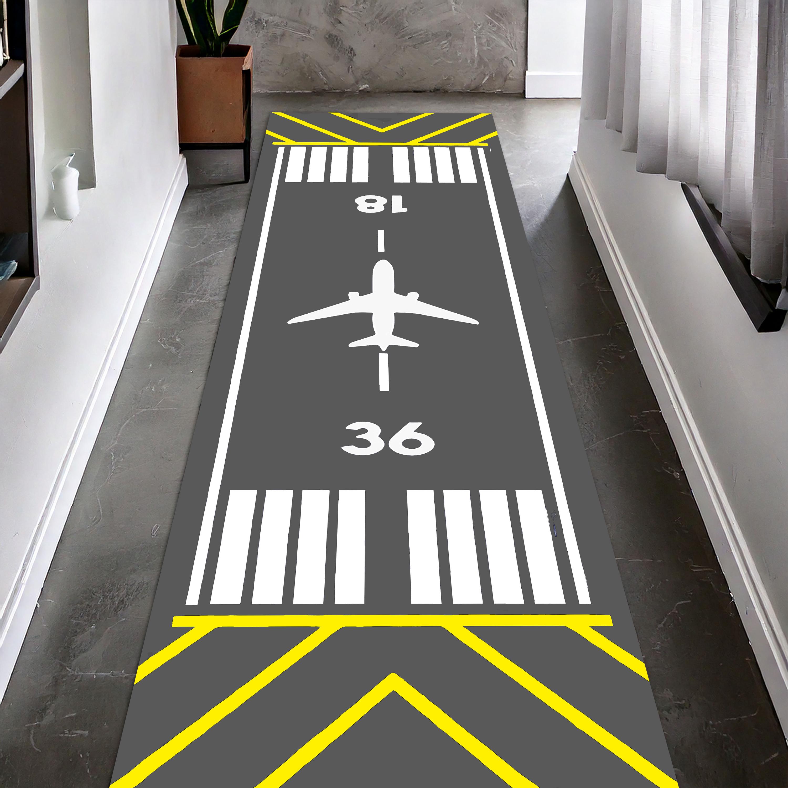 Gray Runway Airplane Rug, Pilot Themed Long Runner Carpet for Kids Room ...