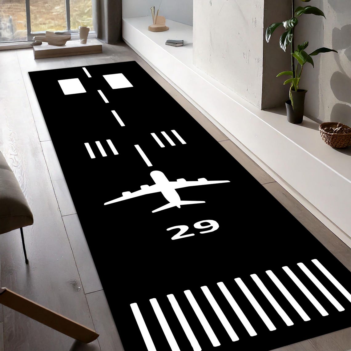 Black Runway Airplane Rug, Aviation Themed Long Carpet for Kids Room ...