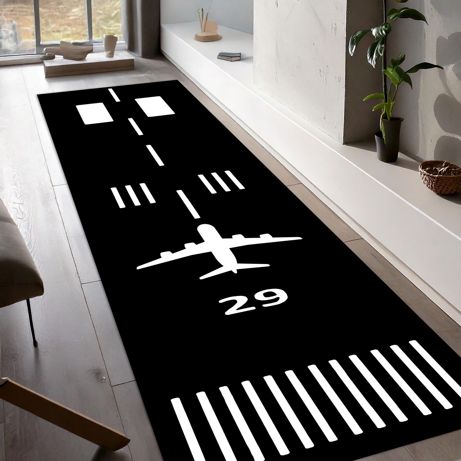 Black Runway Airplane Rug, Aviation Themed Long Carpet for Kids Room ...