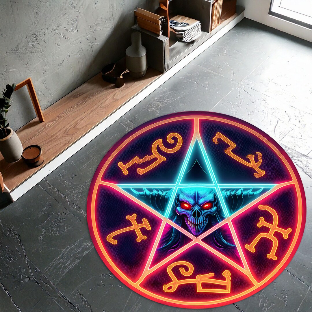 Pentagram Skull Rug, Gothic Occult Round Carpet for Gamers, Witches ...