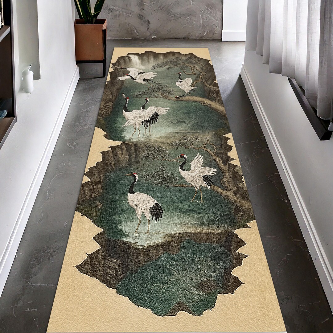 Elegant Crane Bird Runner Rug – 3D Illusion Floor Carpet With Japanese ...