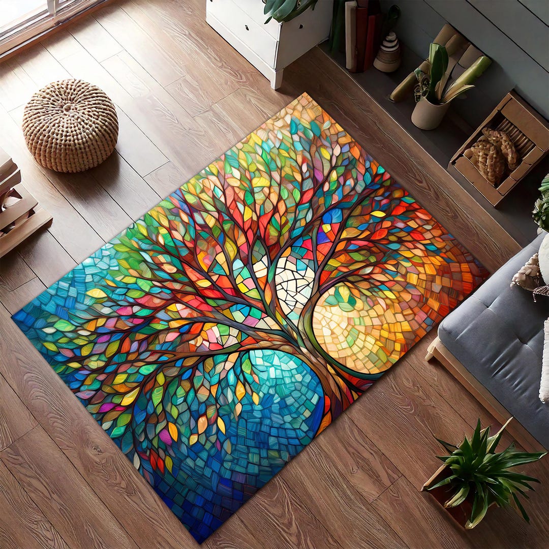 Tree of Life Rug, Colorful Mosaic Nature Carpet, Bohemian Spiritual ...