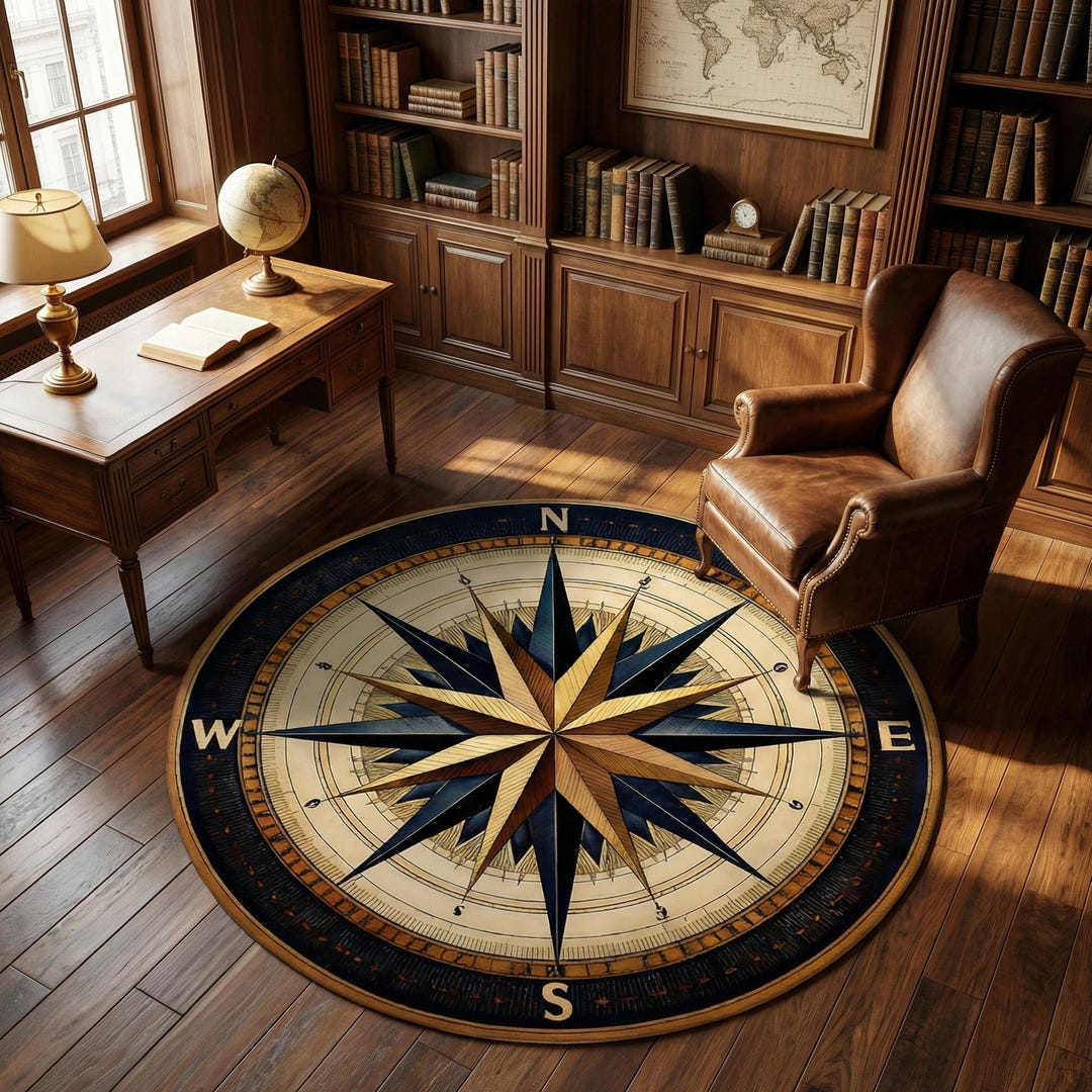 Compass Rose Rug, Nautical Round Carpet, Old Map Style Maritime Decor ...