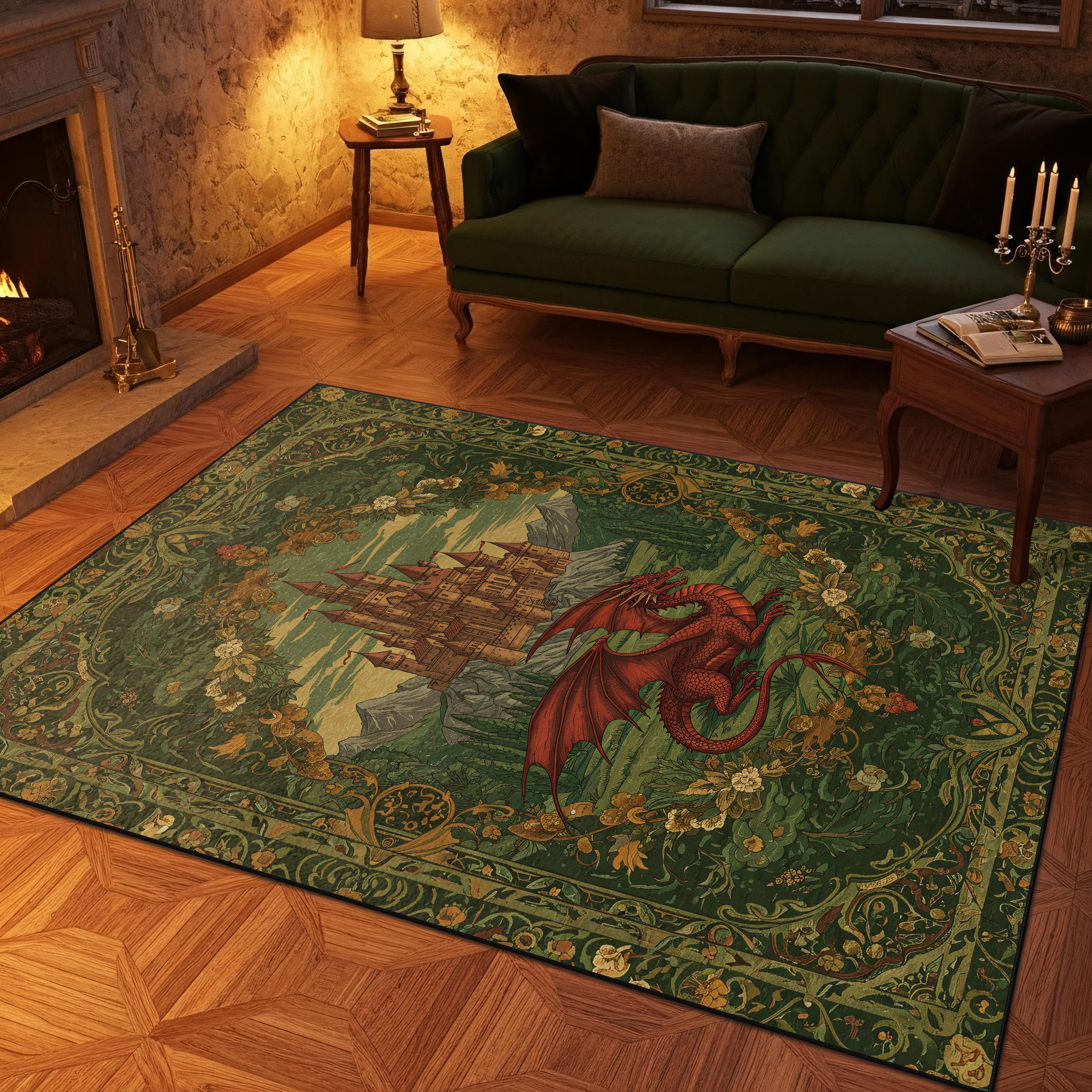 Medieval Red Dragon Rug, Gothic Fantasy Castle Carpet, Mythical ...