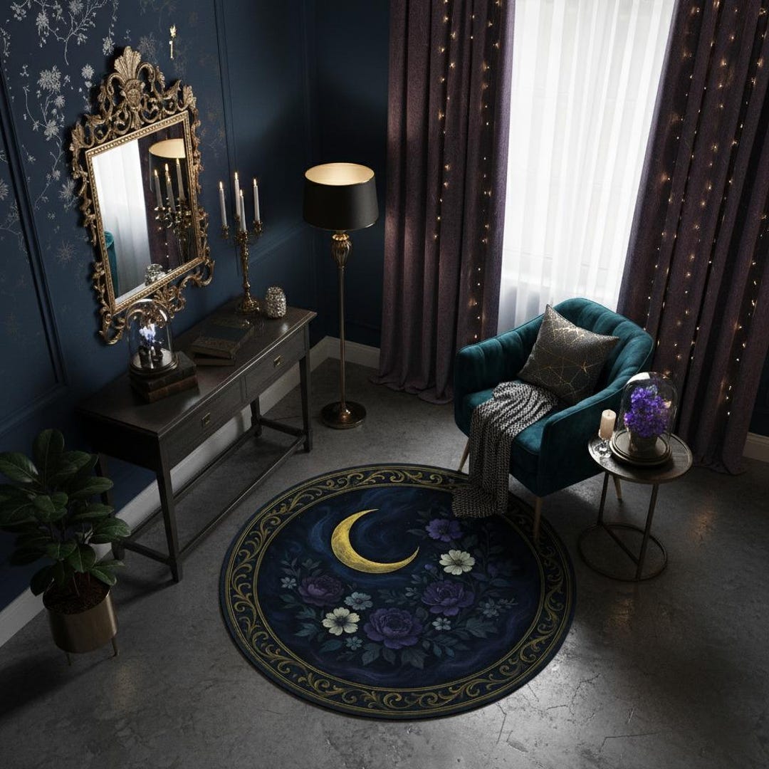 Lunar Bloom Celestial Rug – Round Moon and Flower Carpet With Gothic ...