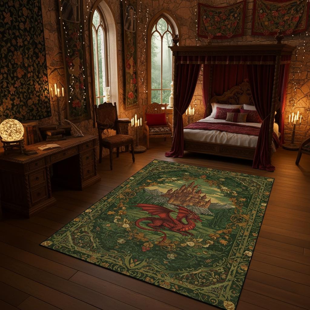 Medieval Red Dragon Rug, Gothic Fantasy Castle Carpet, Mythical ...