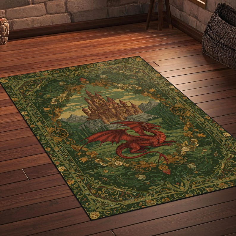 Medieval Red Dragon Rug, Gothic Fantasy Castle Carpet, Mythical ...
