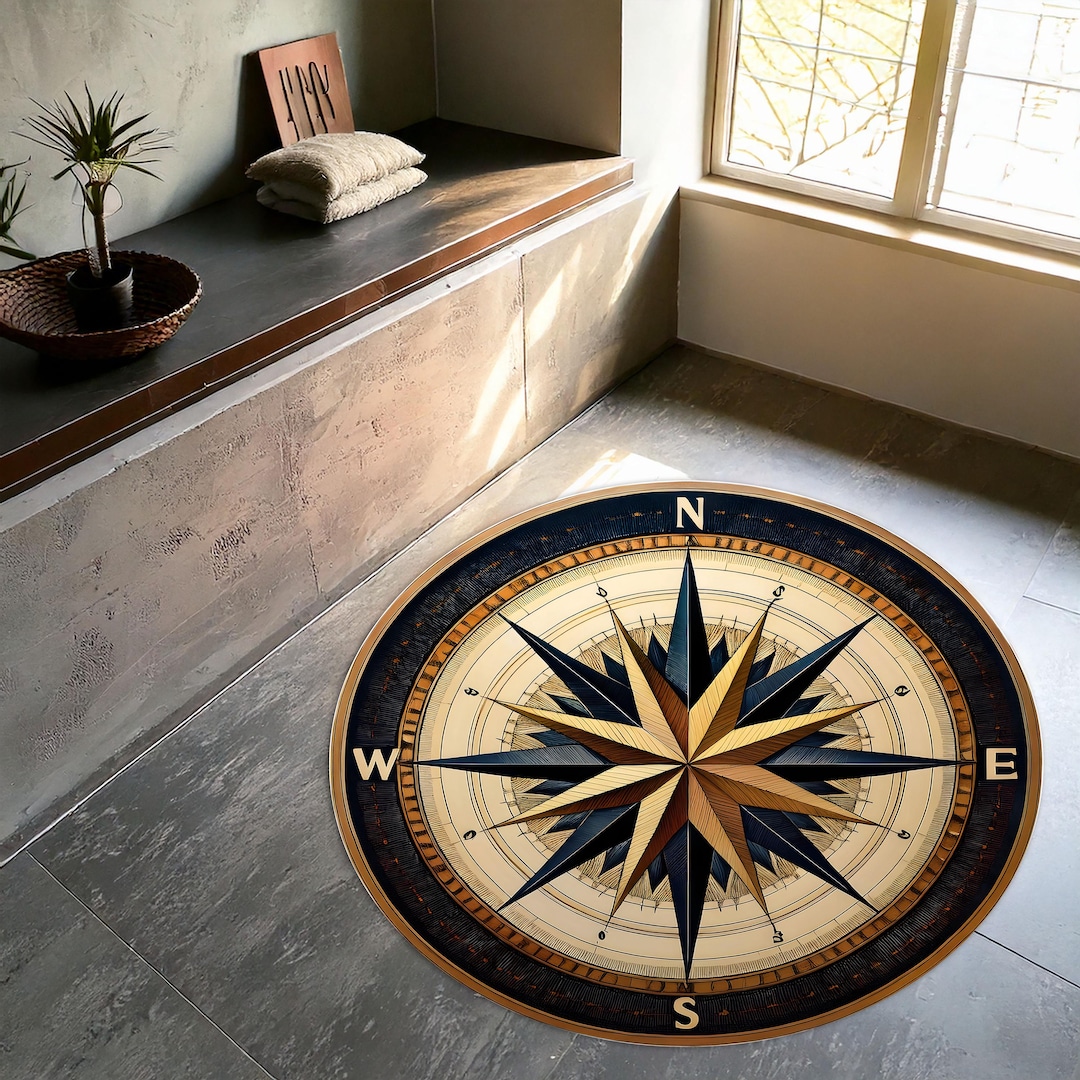 Compass Rose Rug, Nautical Round Carpet, Old Map Style Maritime Decor ...