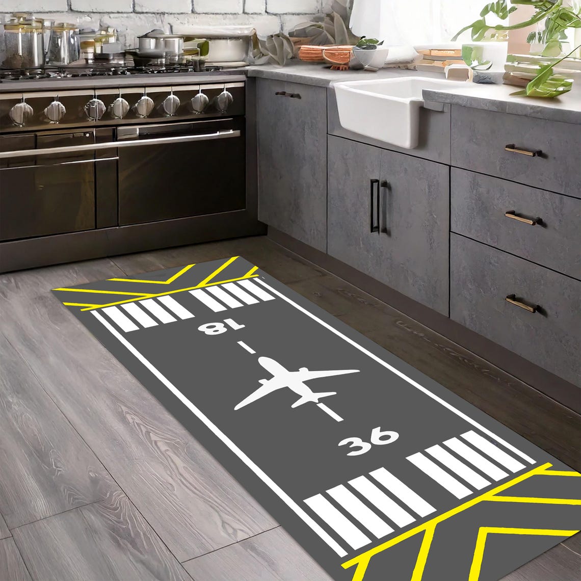 Gray Runway Airplane Rug, Pilot Themed Long Runner Carpet for Kids Room ...