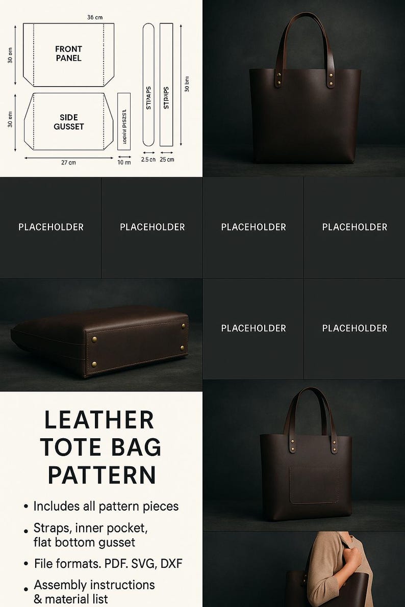 DIY Leather Tote Pattern - Printable Template for Stylish Bag With Bonus Inner Pocket & Flat ...