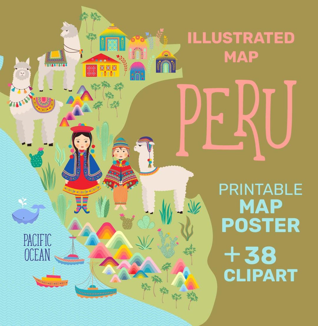 Illustrated Map of Peru + 38 PNG Cliparts With Transparent Background ...