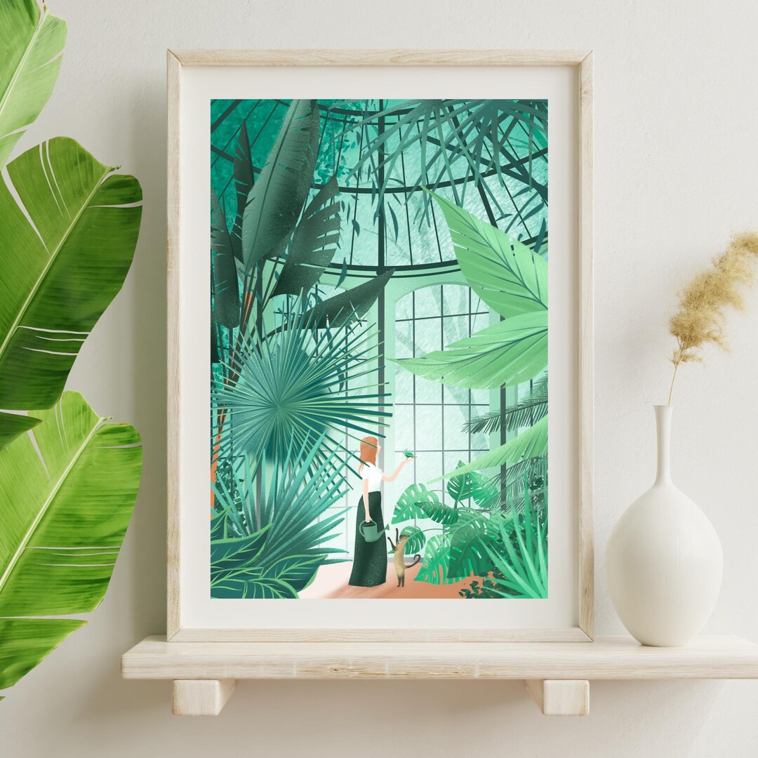 Tropical Greenhouse Poster With Woman and Cat – Interior Jungle Decor ...