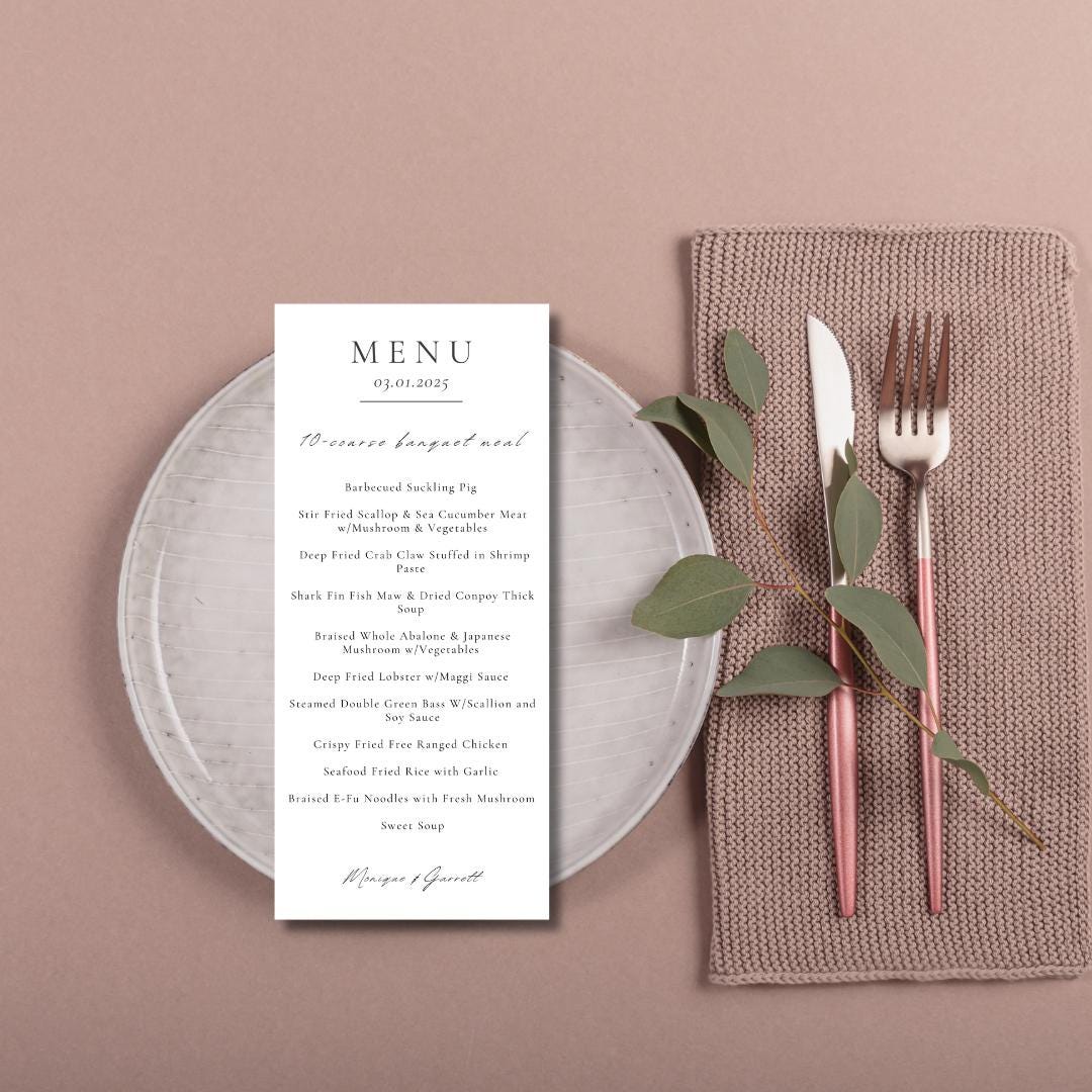 PRINTED MENU CARD | Modern Wedding Menu Cards | Printed Cards 4"x9 ...