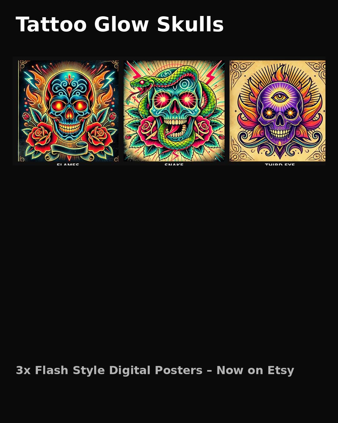 Tattoo Glow Skulls – Psychedelic Flash Art (set of 3) | Digital Poster ...