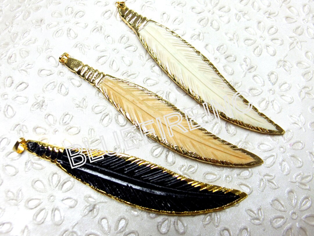 Bone Carved Feather Pendant With Yellow Gold Edge - Etsy