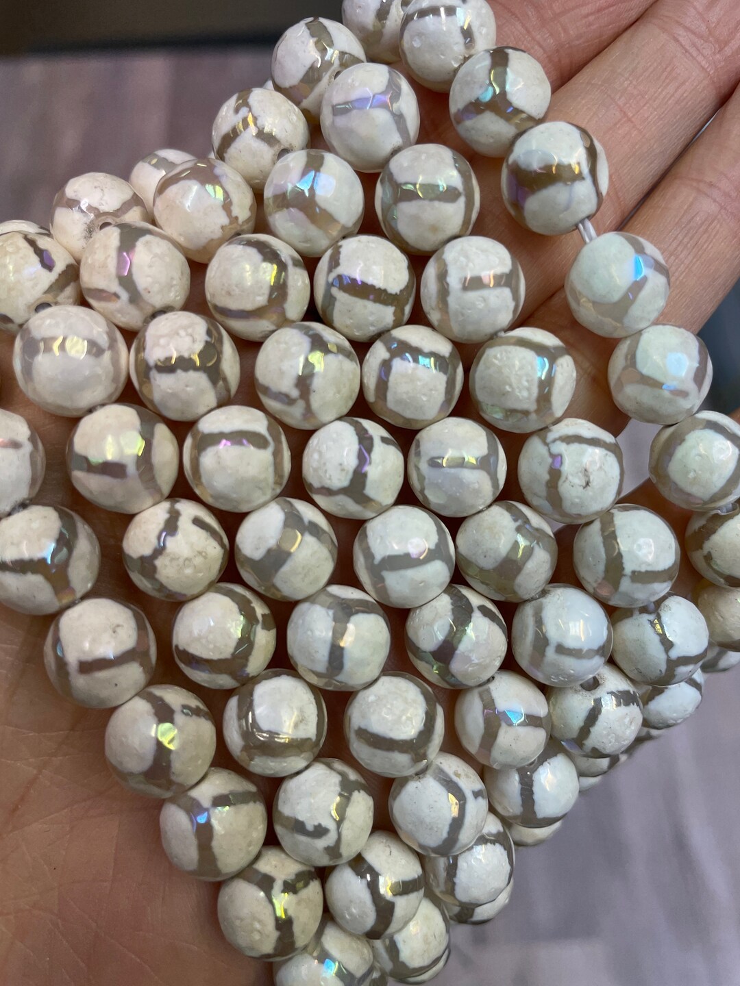 Electroplated Mystic Cream Color Tibetan Agate Beads , Faceted Round - Etsy