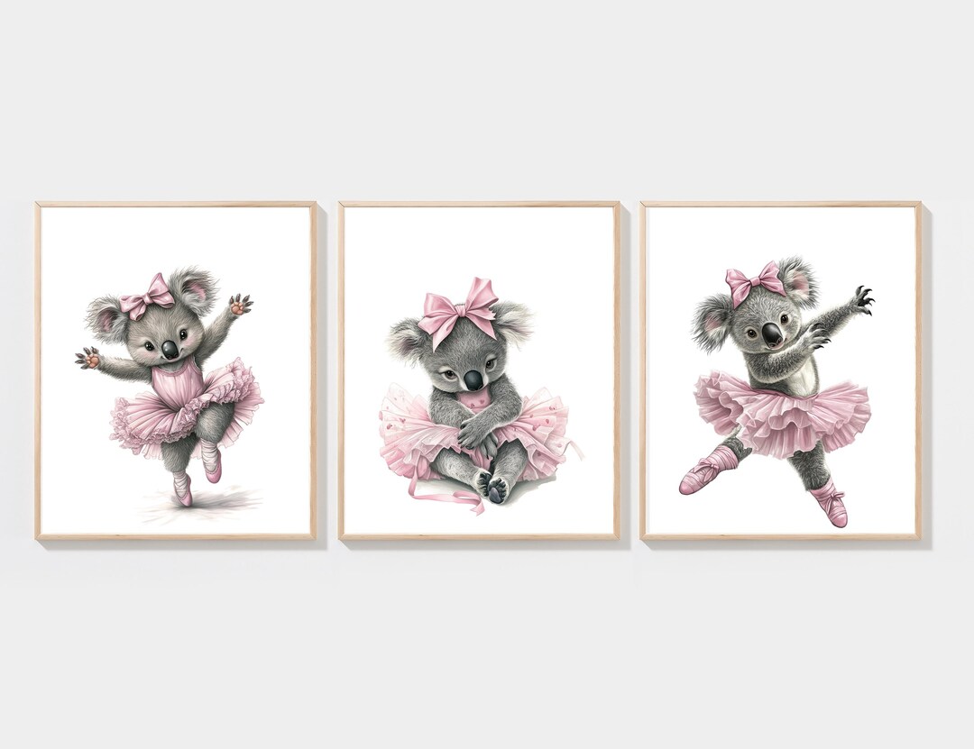 Koala Wall Art, Ballerina Animal Nursery Print Set, Pink Ballet Little ...