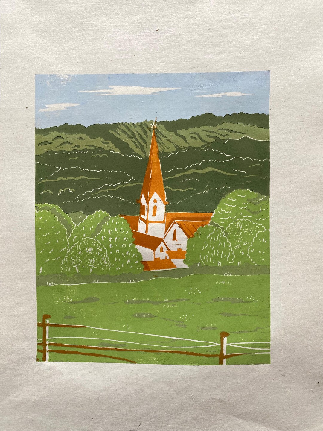 Linocut Print Village Church, A4 Poster, Nature Illustration, Hand ...